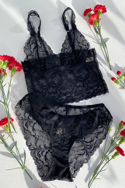 Lace Longline Bralette And Ellie Briefs In Black Leaf Ethical